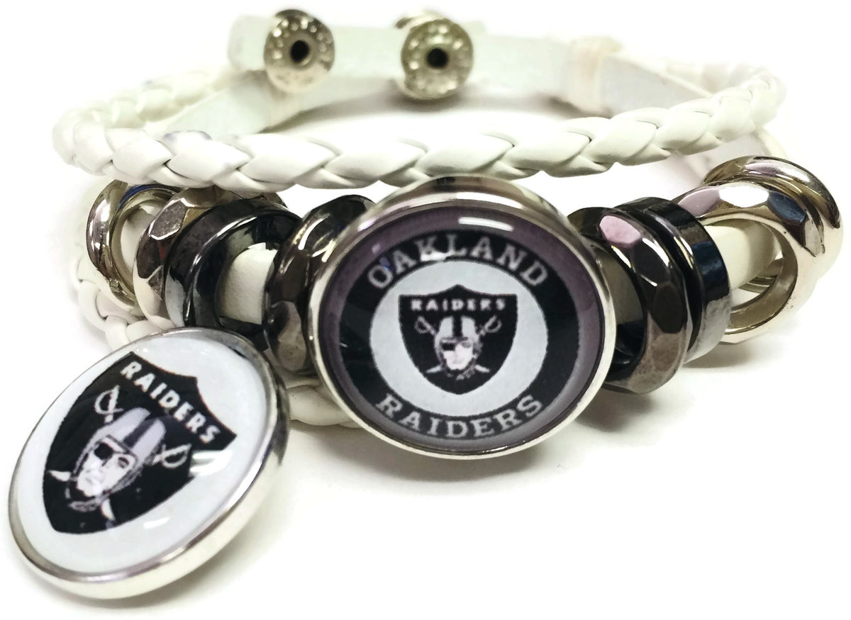 NFL Oakland Raiders White Leather Bracelet W/2 Shield Circle Logo Snap ...