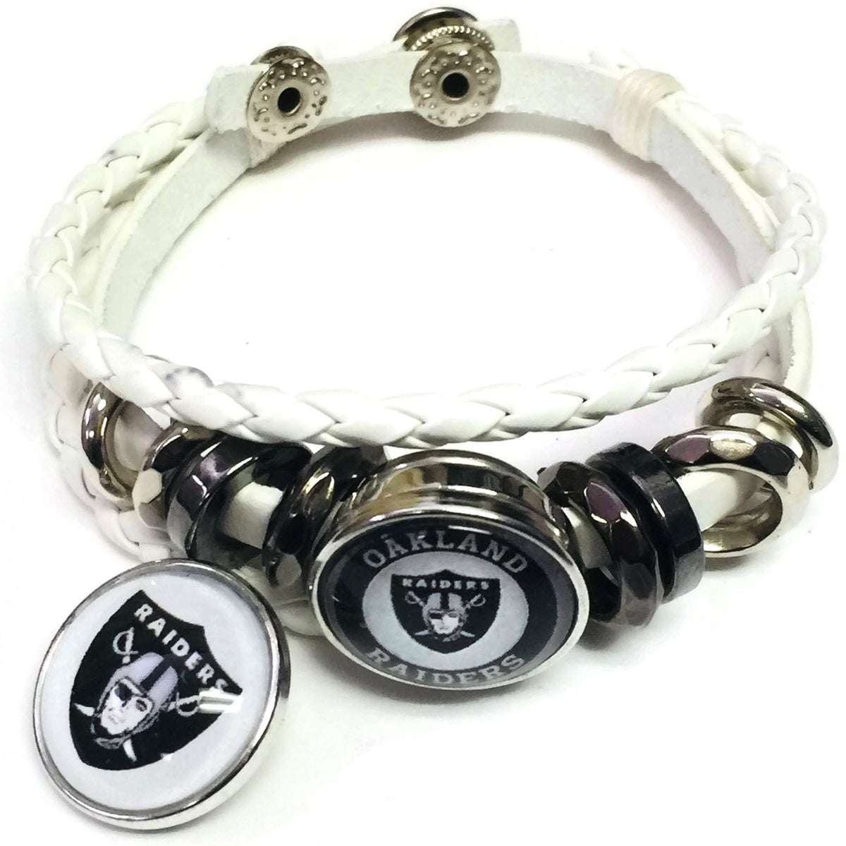 NFL Oakland Raiders White Leather Bracelet W/2 Shield Circle Logo Snap ...