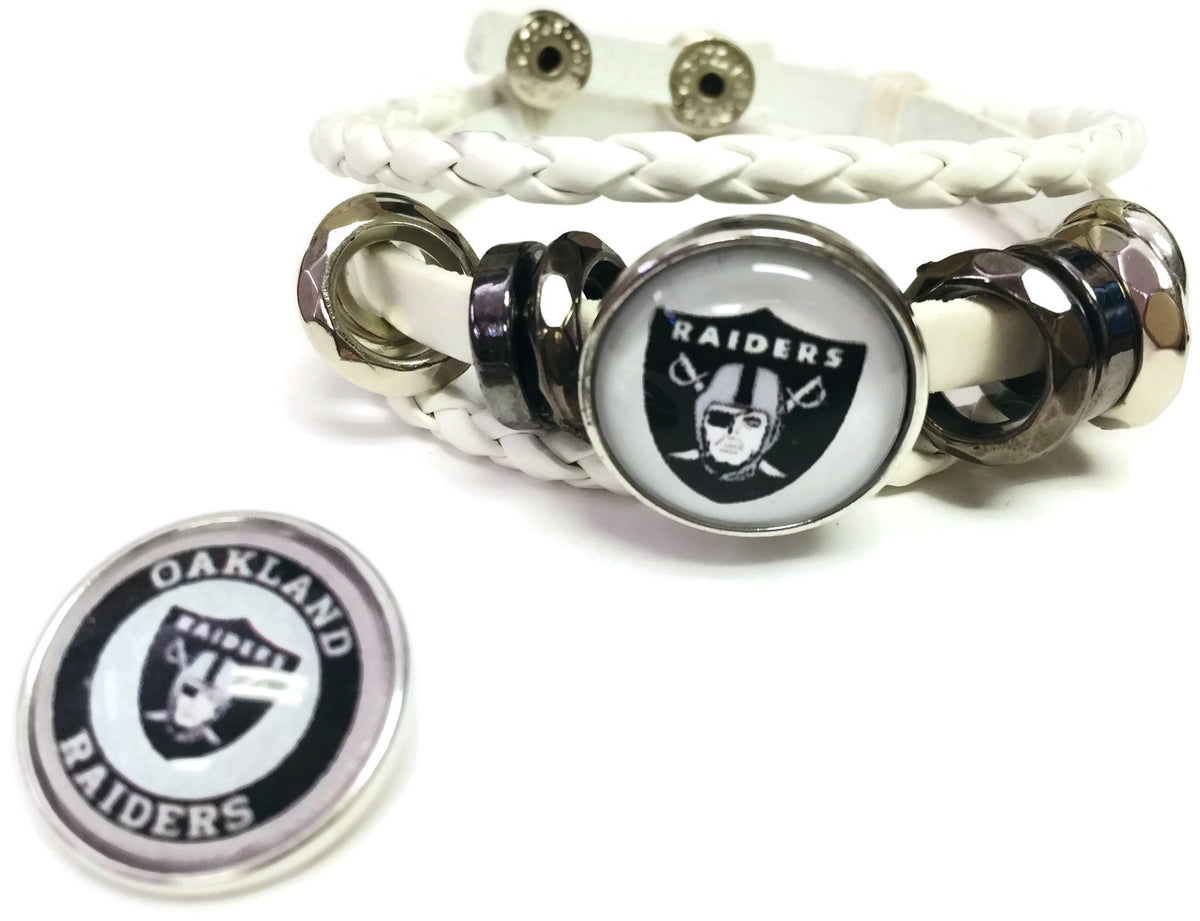 NFL Oakland Raiders White Leather Bracelet W/2 Shield Circle Logo Snap ...